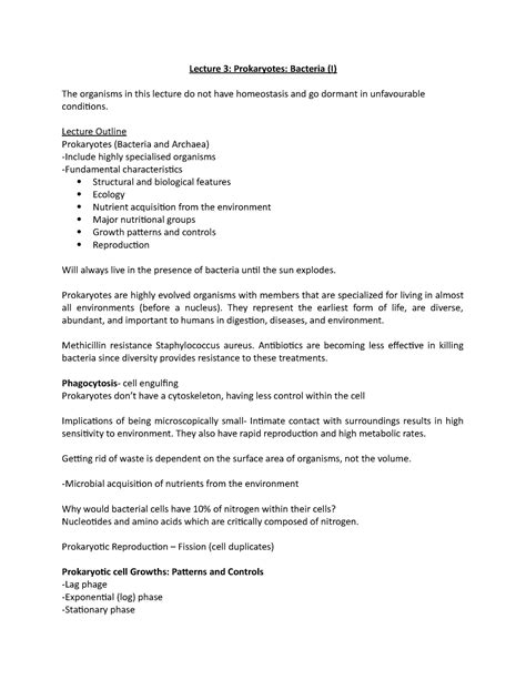 Lecture 3 Notes Lecture 3 Prokaryotes Bacteria I The Organisms In This Lecture Do Not