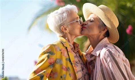 Senior Woman Lesbian Couple Kissing Outside Lgbtq Aged Tourists Having