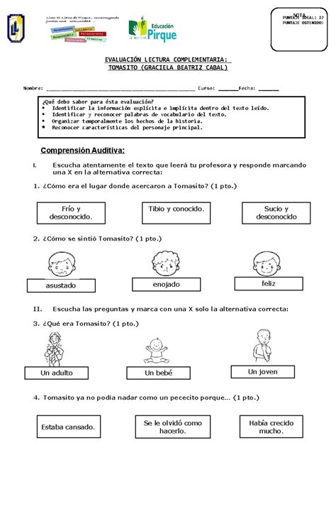 EvaluacióN DE Lectura 1° Tomasito - EVALUACIÓN LECTURA COMPLEMENTARIA: TOMASITO (GRACIELA ...