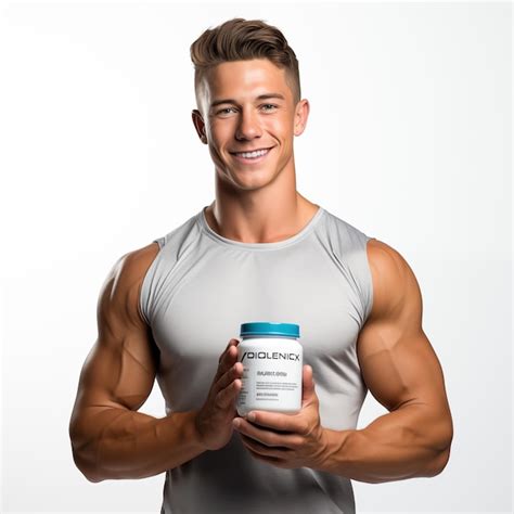 Bodybuilder Holding A Protine Product On Isolated Background Premium