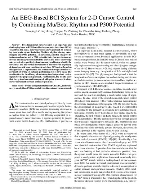 Pdf An Eeg Based Bci System For 2 D Cursor Control By Combining Mubeta Rhythm And P300 Potential