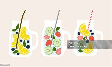 다양한 빨대 요소 컬렉션 벡터 일러스트 웹 메이슨 항아리 머그잔에 과일이 주입 된 물 해독과 다과 음료를 위해 물에 과일과 야채 효소워터에 대한 스톡 벡터 아트 및 기타