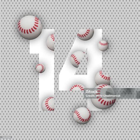 14 숫자 열 네 흰색 바탕에 흰색 공 그래픽 흰색 숫자와 창조적 인 타이포 그래피 야구 공 야구 월드컵 0명에 대한 스톡 사진