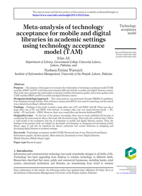 Pdf Meta Analysis Of Technology Acceptance For Mobile And Digital Libraries In Academic
