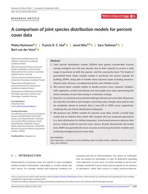 Pdf A Comparison Of Joint Species Distribution Models For Percent Cover Data