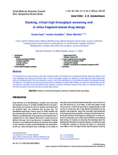 Pdf Docking Virtual High Throughput Screening And In Silico Fragment