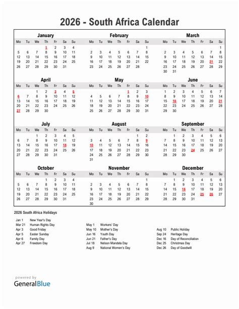 2026 South Africa Calendar With Holidays Monday Start