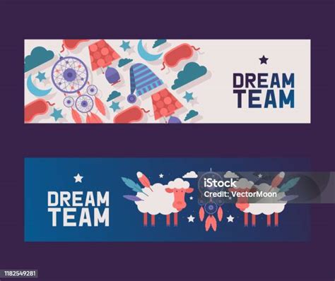 침실 용품 배너 벡터 그림의 집합입니다 구름 별과 달 사이에 양과 꿈 포수와 저녁 하늘 야간 장비 개념입니다 수면 마스크와 모자 0명에 대한 스톡 벡터 아트 및 기타 이미지