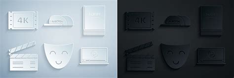 코미디 연극 마스크 시나리오 영화 클래퍼 온라인 재생 비디오 비문 감독 및 4k 영화 테이프 프레임 아이콘과 모자 설정 벡터 3