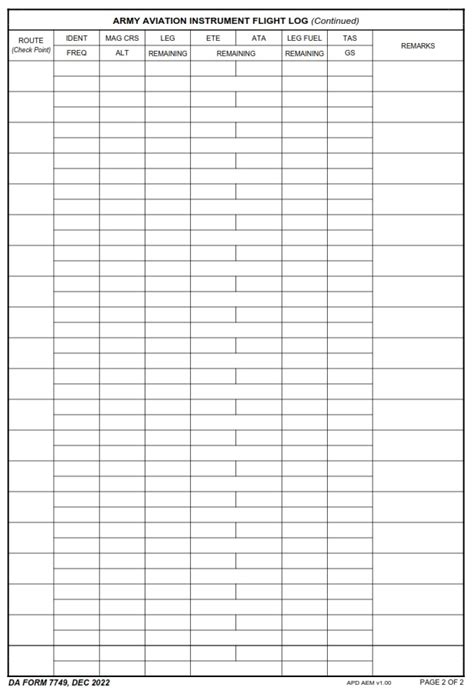 Da Form 7749 Army Aviation Instrument Flight Log Army Pubs Da Form