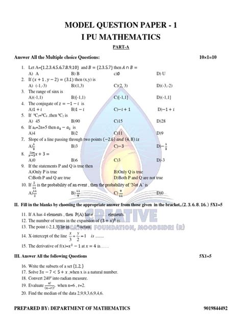1 Pu Maths Model Qp 1 Pdf Mathematics Mathematical Concepts