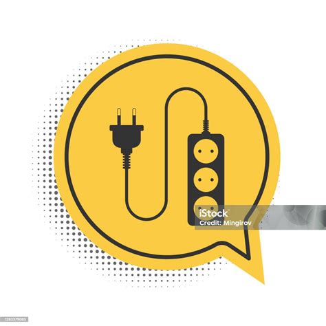 흰색 배경에 격리 된 블랙 일렉트릭 확장 코드 아이콘 전원 플러그 소켓 노란색 음성 버블 기호입니다 벡터 0명에 대한 스톡 벡터 아트 및 기타 이미지 Istock