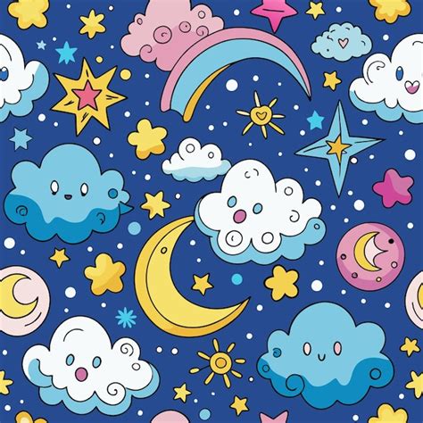 Cute Night Sky Pattern Moon Stars And Clouds Design Premium Ai Generated Vector