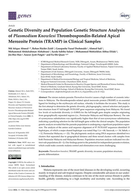 Pdf Genetic Diversity And Population Genetic Structure Analysis Of Plasmodium Knowlesi