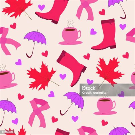 가을 아이콘 기호의 원활한 벡터 패턴입니다 착색 참나무 잎과 도토리 색상 핑크 의류 우산과 단풍 나무 10월에 대한 스톡 벡터 아트 및 기타 이미지 Istock