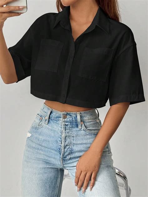 Womens Casual Solid Color Front Button Short Sleeve Cropped Shirt