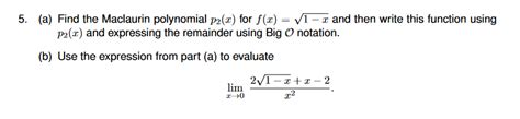 solved 5 a find the maclaurin polynomial p2 x for