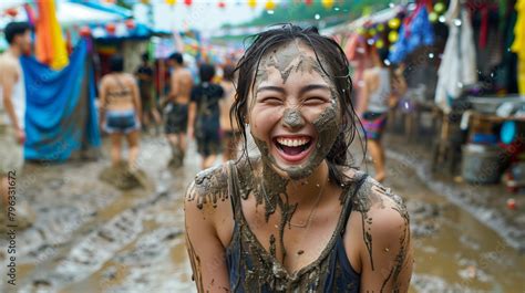 Beautiful Woman Covered In Mud At The Boryeong Mud Festival Her Facial