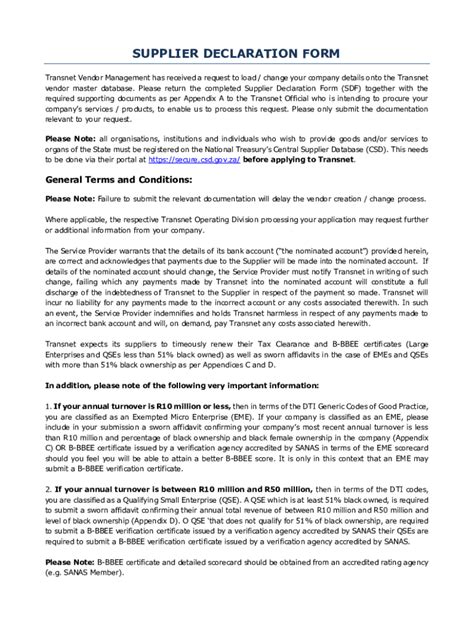 Fillable Online Supplier Declaration Form Transnet Freight Rail Fax Email Print Pdffiller