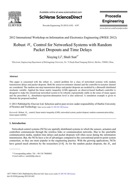 Pdf Robust H∞ Control For Networked Systems With Random Packet Dropouts And Time Delays