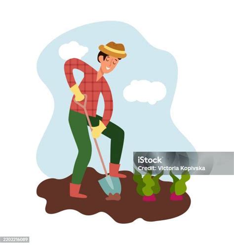 삽으로 땅을 파는 농부 농작물 재배 정원에서 일하는 남자 만화 스타일의 벡터 일러스트 레이 션 개념에 대한 스톡 벡터 아트 및 기타 이미지 Istock