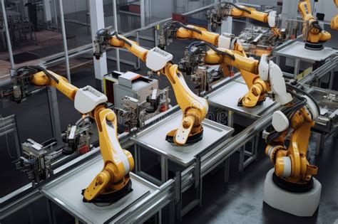 Diverse Range Of Robotic Arms Assembling A Variety Of Different Products On The Assembly Line