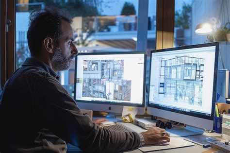 Premium Photo Engineer Working On A Computer With Two Displays Drawing And Designing In Cad