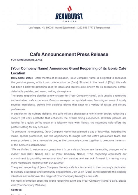 Free Cafe Announcement Press Release Template To Edit Online