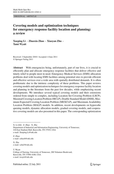 Pdf Covering Models And Optimization Techniques For Emergency Response Facility Location And