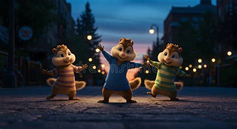 Three Chipmunks Dancing In A City Street At Dusk Showcasing Friendship