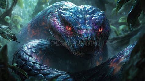 Glowing Eyed Iridescent Serpent In Jungle Stock Illustration Illustration Of Mysterious