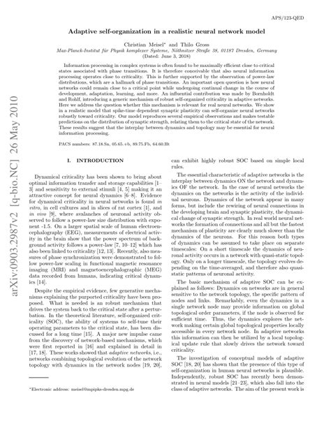 Pdf Adaptive Self Organization In A Realistic Neural Network Model