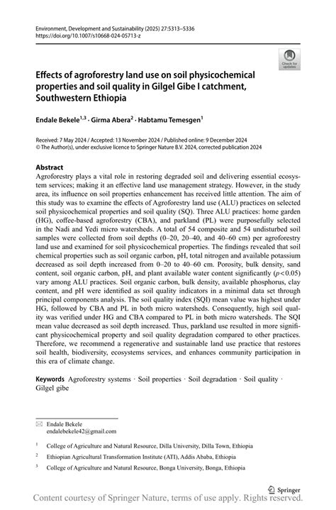 Effects of agroforestry land use on soil physicochemical properties and soil quality in Gilgel ...