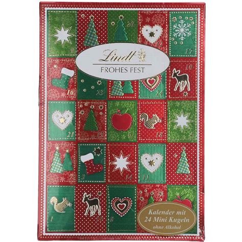Lindt Frohes Fest Коледен календар с 24 индивидуално опаковани пралини от млечен и бял шоколад с