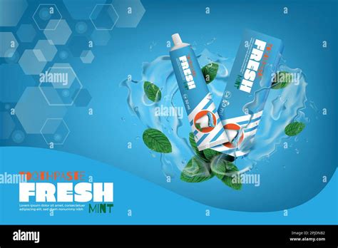 Dental Protection Toothpaste Ad Banner Green Mint Leaves And Water Splashes Toothbrush