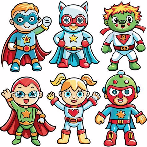 Six Different Adorable Cartoon Superheroes In Brightly Colored Costumes