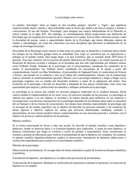 La Psicología Como Ciencia Pdf Sicología Método Científico