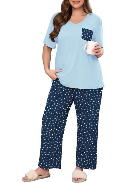 Showmall Womens Plus Size Pajama Set Navy Blue Heart Print 3x 2 Piece