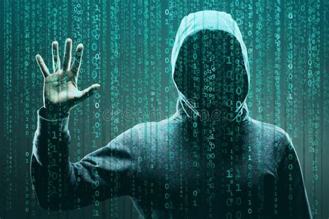 Hacker In Mask Morphsuit With Virus And Hacking Thoughts Stock Image