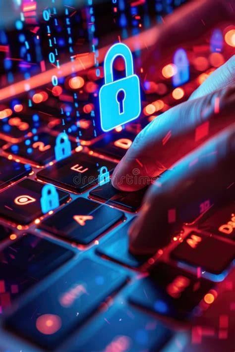 Close Up Of A Hand Typing On A Glowing Keyboard With Digital Padlock Icons Stock Illustration