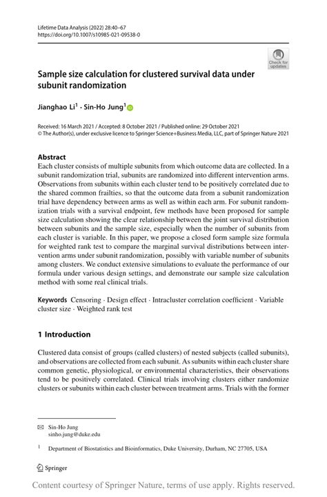 Sample Size Calculation For Clustered Survival Data Under Subunit Randomization Request Pdf