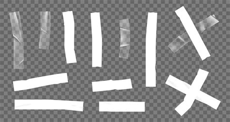 찢어진 가장자리가 있는 흰색 및 투명 접착제 또는 마스킹 테이프 조각 세트가 분리되어 있습니다 찢어진 접착 테이프의 다양한