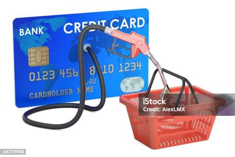 신용 카드 연료 펌프 노즐 및 쇼핑 바구니 3d 렌더링 소매 소비자주의에 대한 스톡 사진 및 기타 이미지 소매 소비자주의 쇼핑 3차원 형태 Istock