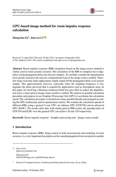 Pdf Gpu Based Image Method For Room Impulse Response Calculation