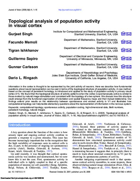 Pdf Topological Analysis Of Population Activity In Visual Cortex Dario Ringach