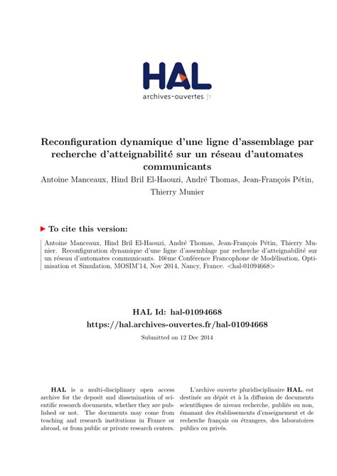 Pdf Reconfiguration Dynamique Dune Ligne Dassemblage Par Recherche Datteignabilité Sur Un