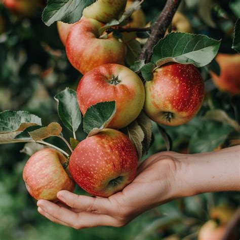 Hand Holding An Apple Tree Branch With Apples Premium Ai Generated Image