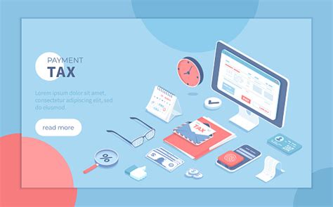 세금 납부 온라인 세금 양식 작성 신고서 지불 수표 계산 재무 예산 계획 및 회계 배너 웹 사이트에 대한 아이소메트릭 벡터 일러스트레이션 세금 양식에 대한 스톡 벡터 아트