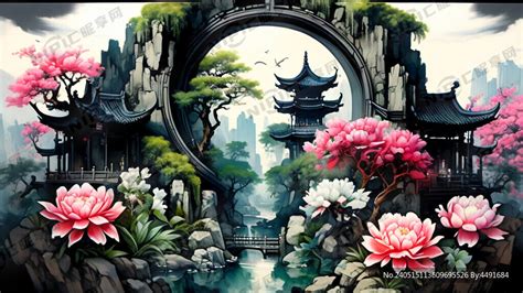 Ai创作图赛博朋克 中式园林 牡丹 春天景色 中国水墨 昆曲 昵图网