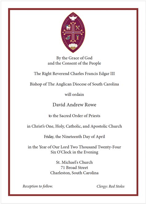 Rowe David Ord Priest Invitation The Anglican Diocese South Carolina